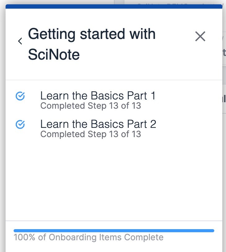 How to access in-app onboarding guides to learn core SciNote features